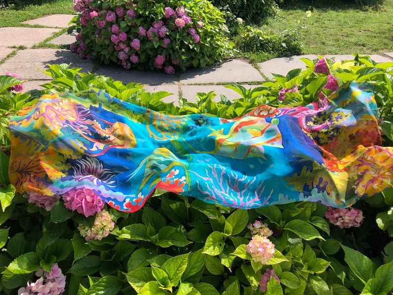 Hand Painted Silk Shawl Sarong Tropics Sea Fish Natural - Etsy