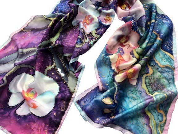 Silk Scarf Orchids Hand Painted Silk Scarf Flowers Silk Scarf - Etsy