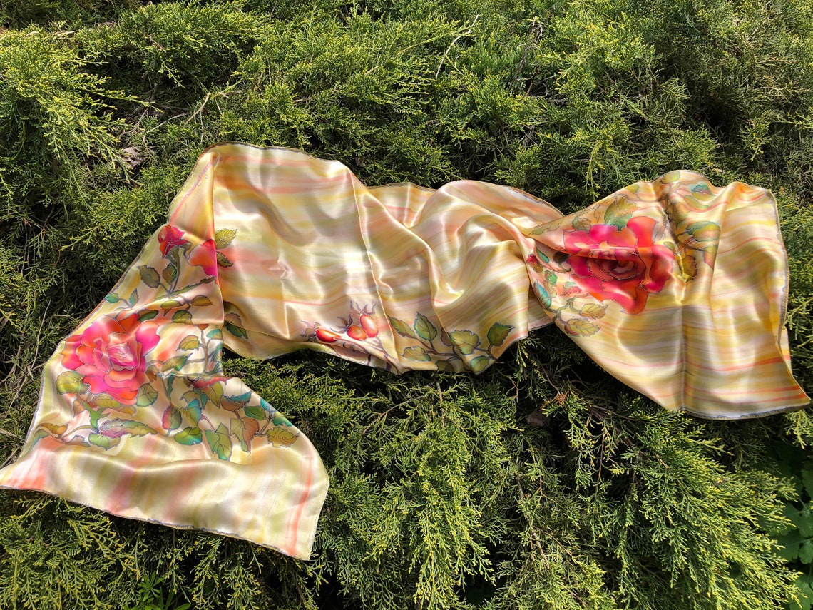Silk scarf scarlet roses satin silk/ Hand painted silk scarf/ | Etsy