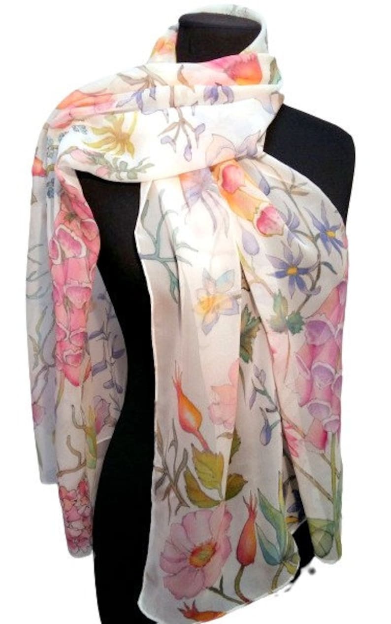 Hand Painted Botany Silk Chiffon Scarf, Garden Flowers Scarf, Silk ...
