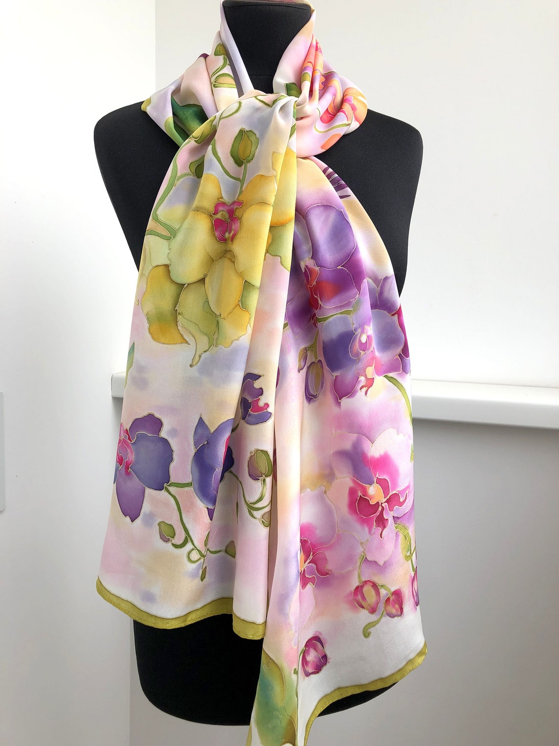 Orchids Natural Silk Scarf Hand Painted Silk Floral Designer - Etsy