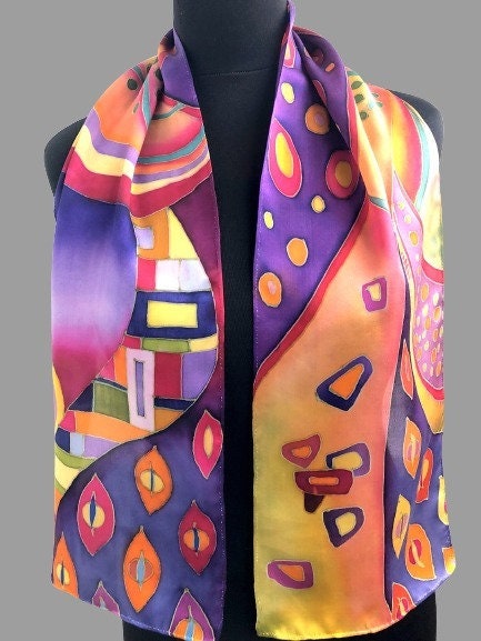 Hand Painted Silk Scarf Frey Wille / Abstract Scarf /natural Silk Satin ...