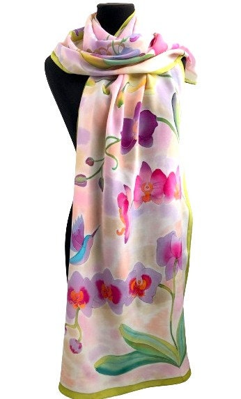 Orchids Natural Silk Scarf Hand Painted Silk Floral Designer - Etsy