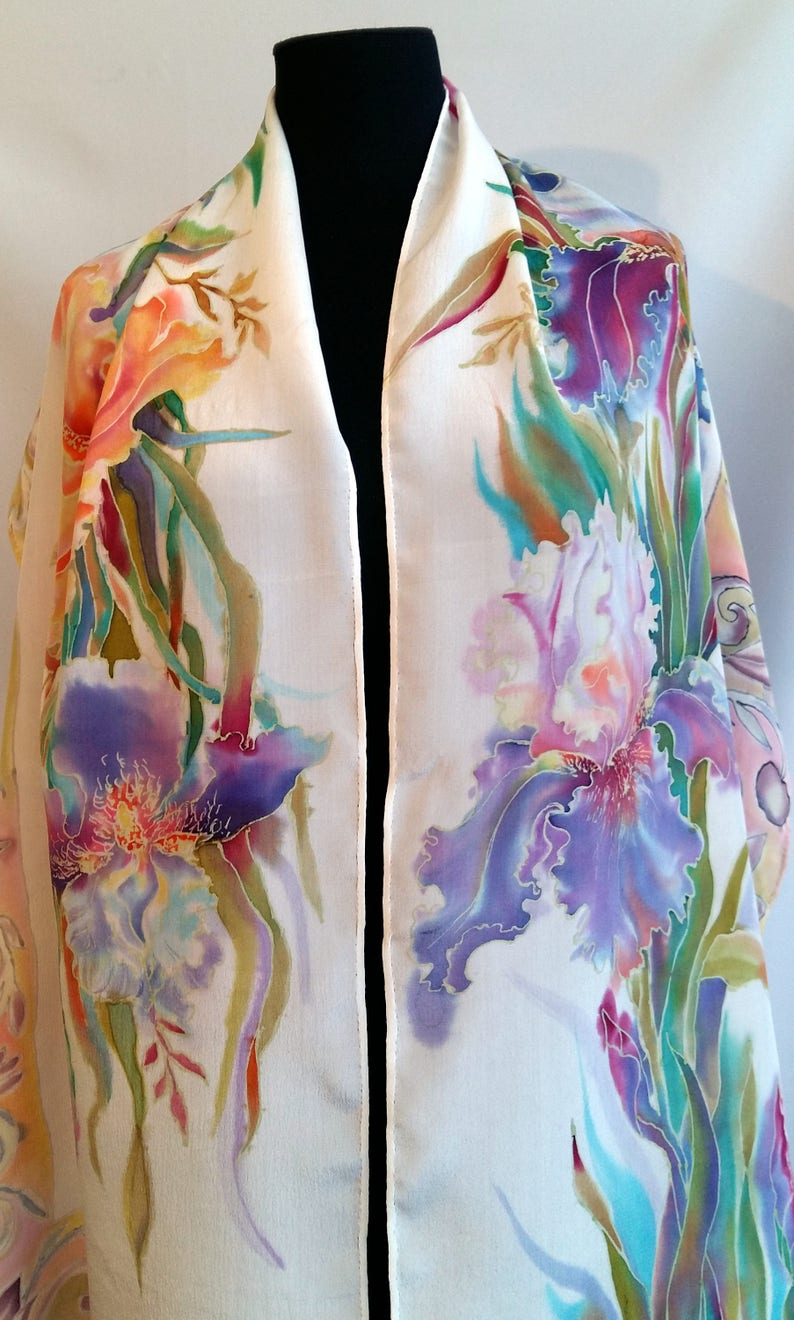 IRISES SCARF with ORNAMENT. Natural motiv silk scarf. Hand | Etsy