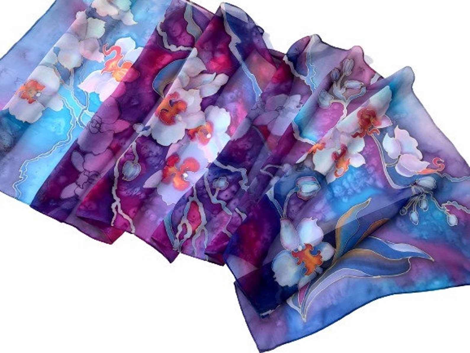 Orchid Silk Scarf, Hand Painted Silk Scarf, Blue Chiffon Silk Scarf ...