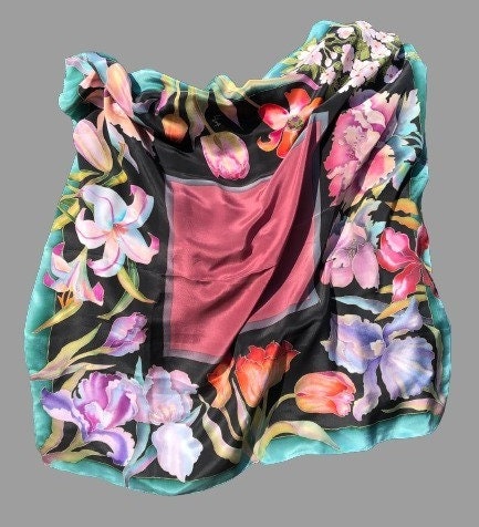 Hand Painted Silk Shawl Spring Flowers Floral Designer Scarf Luxury ...