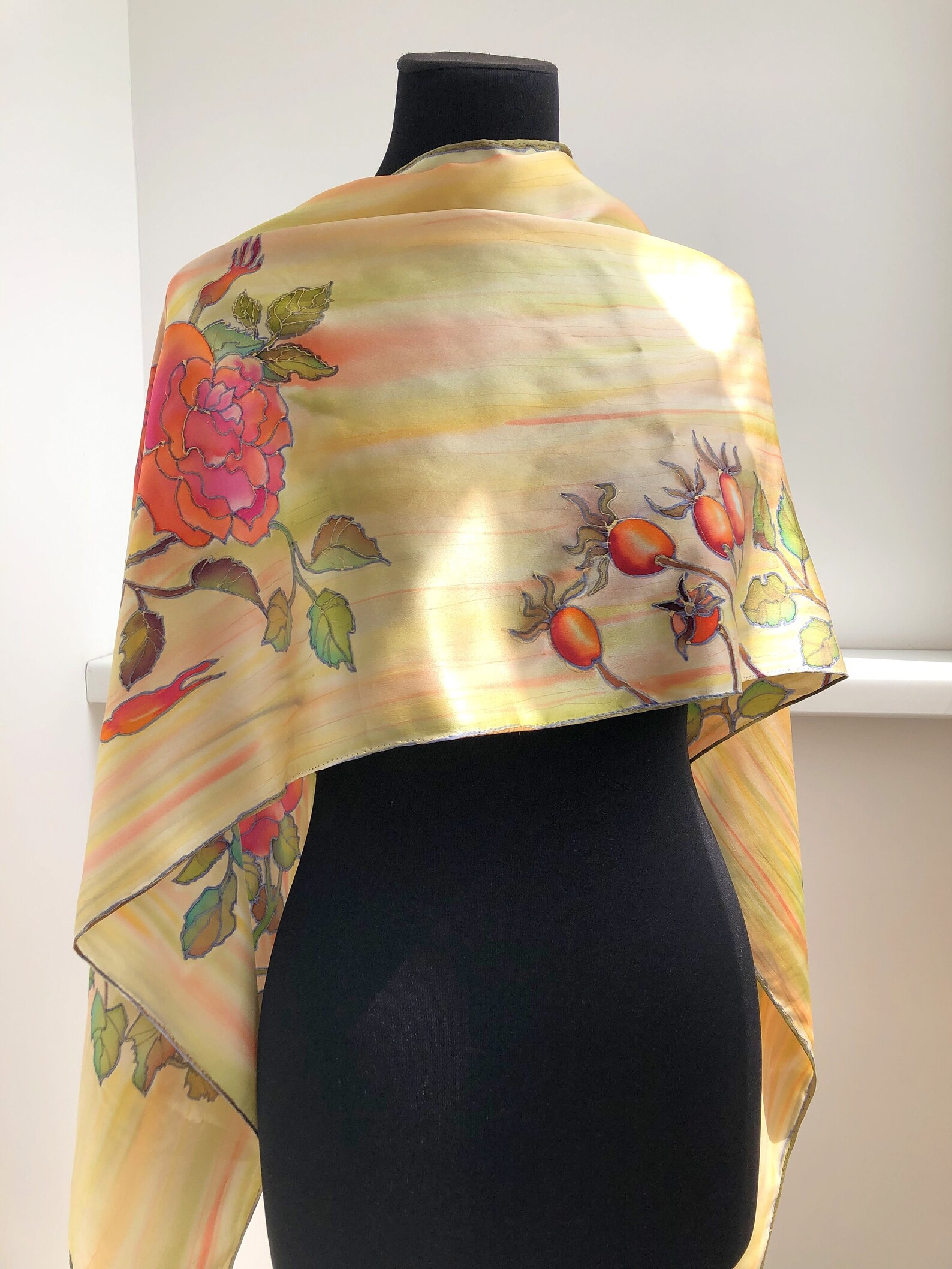 Silk Scarf Scarlet Roses Satin Silk/ Hand Painted Silk Scarf/ - Etsy