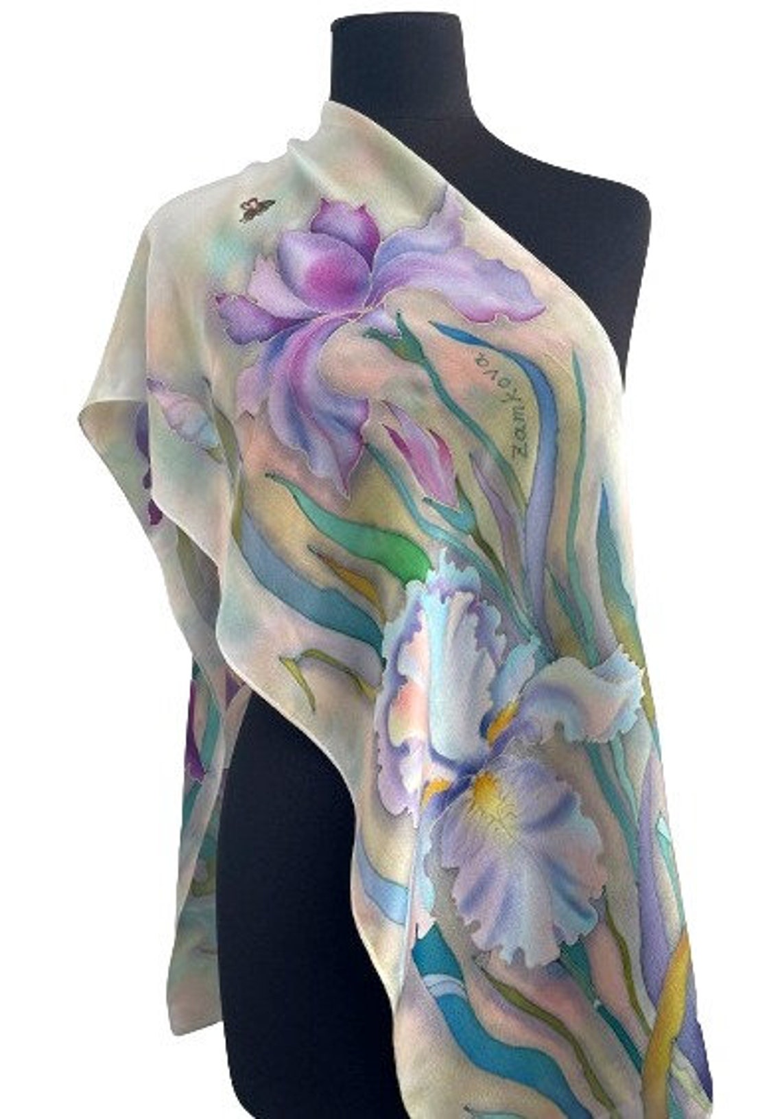 Hand Painted Natural Silk Scarf Irises Crepe De Chine Gift Ideas for ...