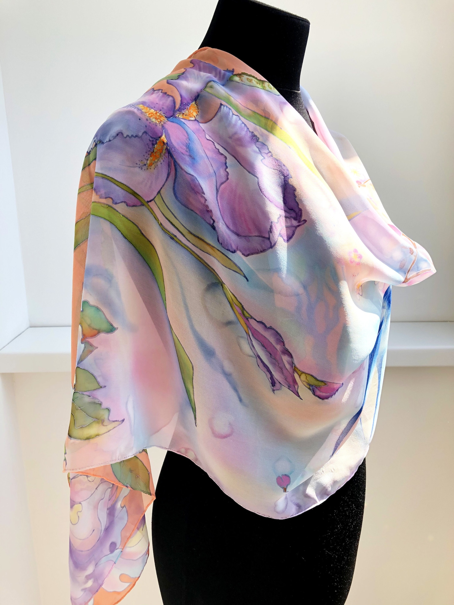 Large silk scarf Flying swallows hand-painted silk scarf | Etsy