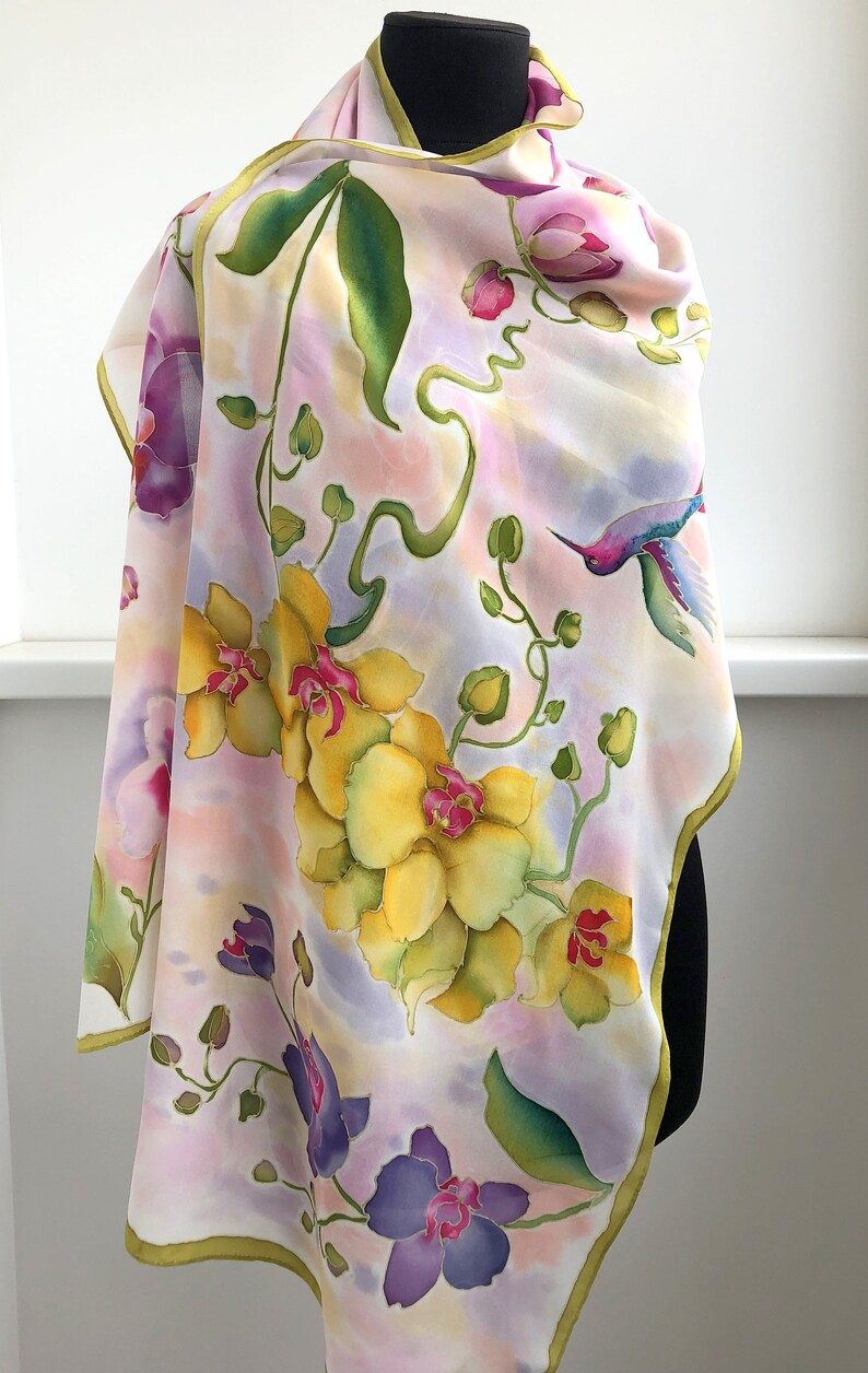 Orchids Natural Silk Scarf Hand Painted Silk Floral Designer | Etsy
