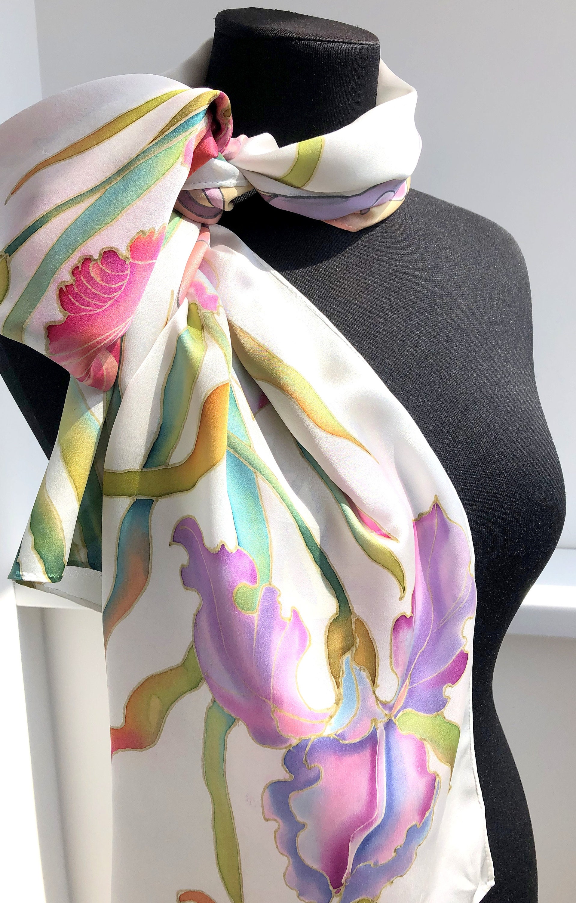 Hand Painted Silk Scarf Irises With Ornament, Garden Flowers Silk Scarf ...