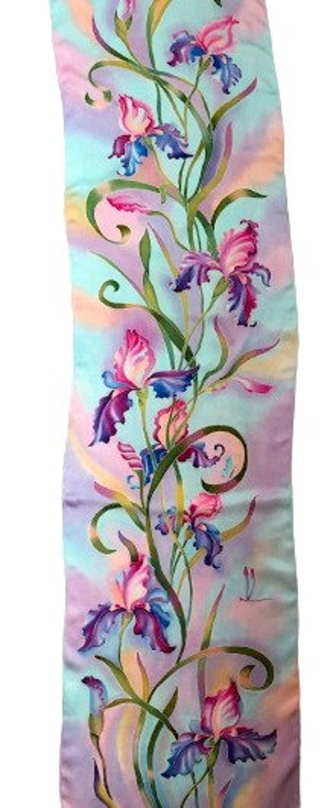 Silk Satin Scarf Hand Painted Irises Art Nouveau 70/17 Flowers Silk ...