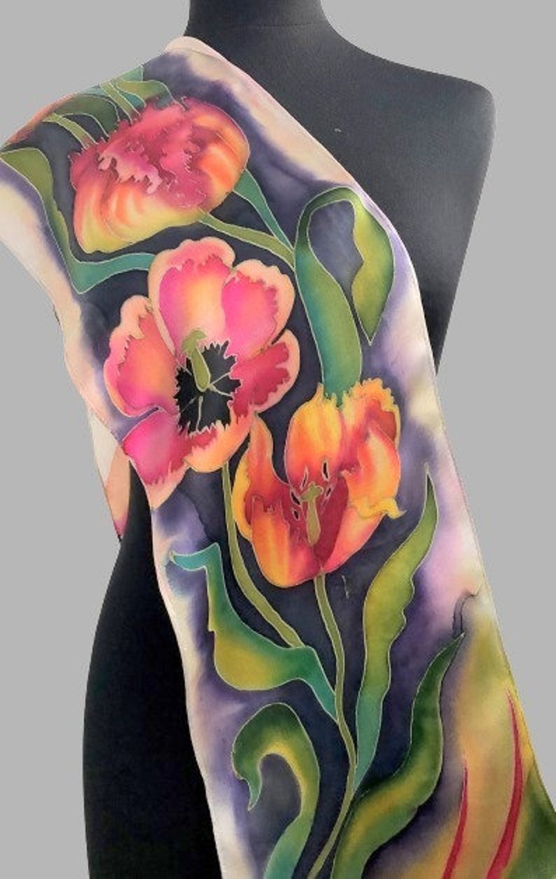 Silk Satin Scarf Batik Tulips, Hand-painted Silk, Gift for Her and Mom ...