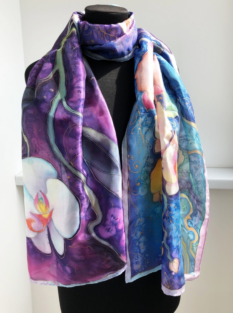 Silk Scarf Orchids Hand Painted Silk Scarf Flowers Silk Scarf - Etsy