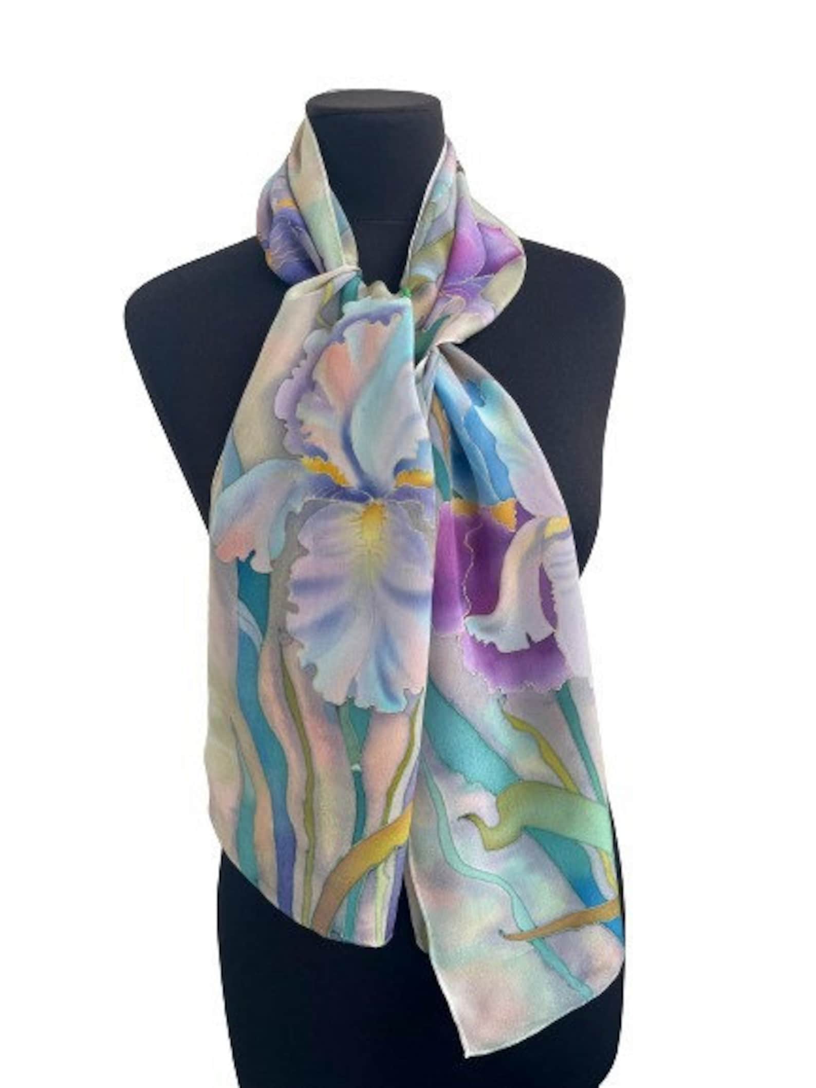 Hand Painted Natural Silk Scarf Irises Crepe De Chine Gift Ideas for ...