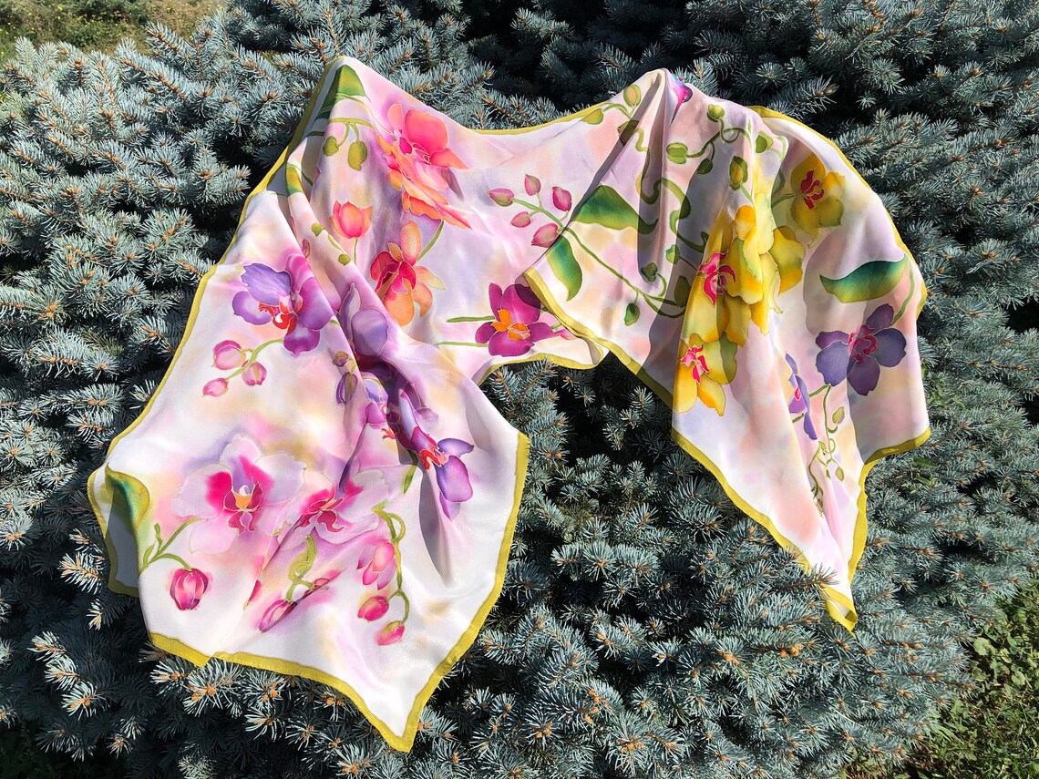 Orchids Natural Silk Scarf, Hand Painted Silk, Floral Designer Scarf ...
