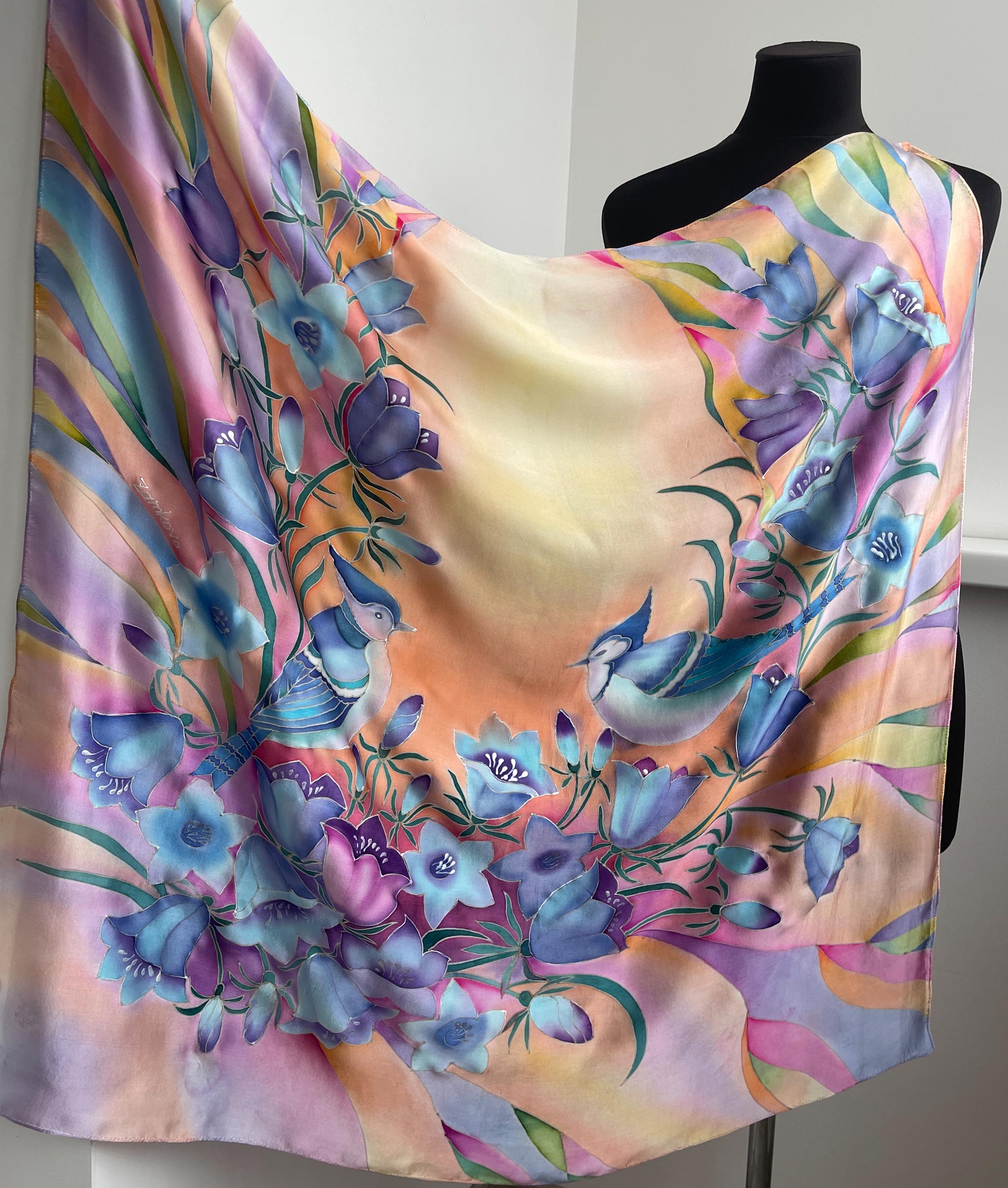 Bells Silk Scarf Handpainted Natural Silk Satin Gift for Her 36"/36 ...