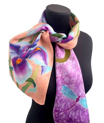 Hand Painted Silk Scarf Irises Natural Satin Gift Ideas for Women ...