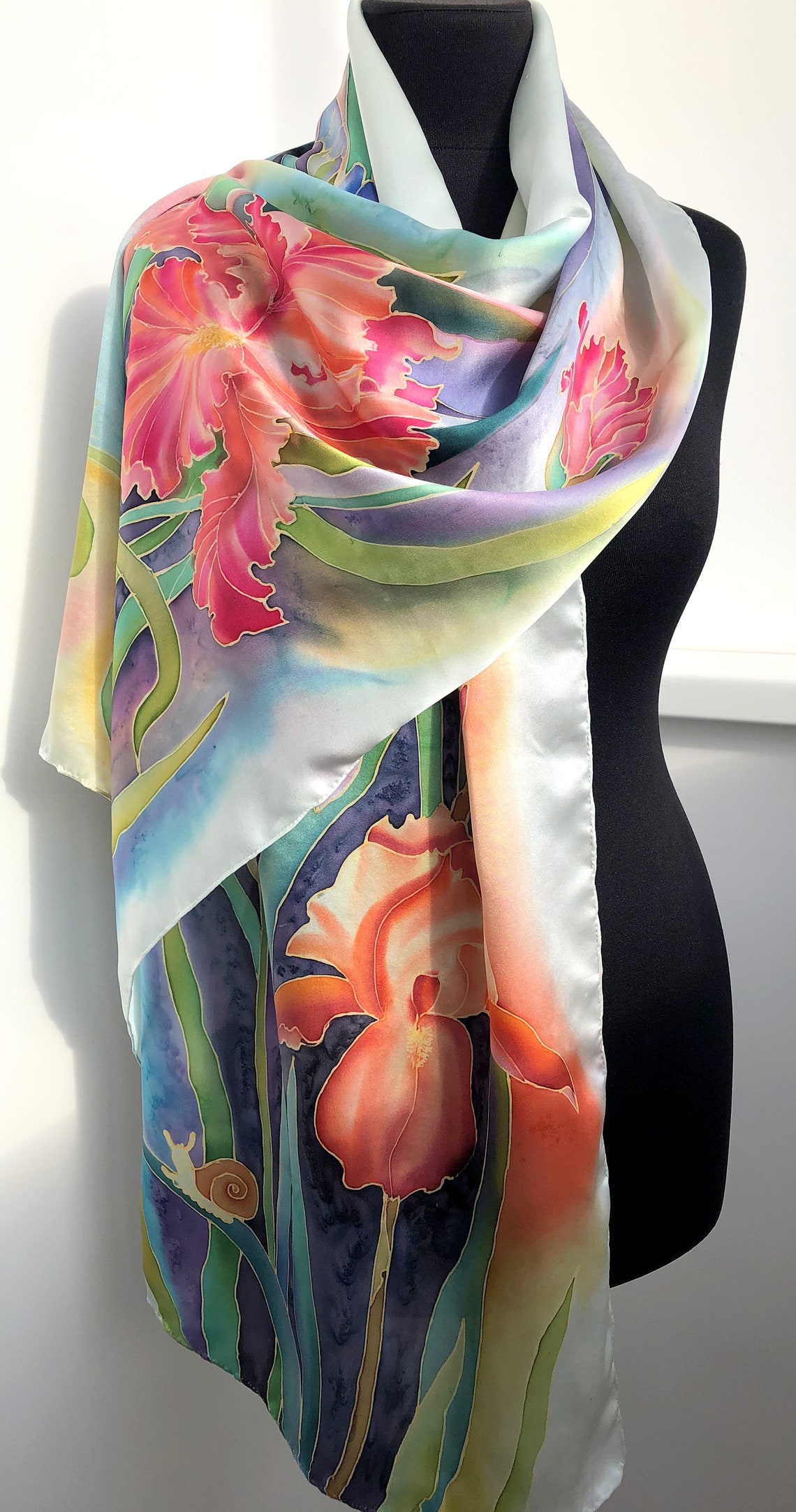 Iris Batik Silk Satin Scarf Hand Painted Silk Gift Women - Etsy