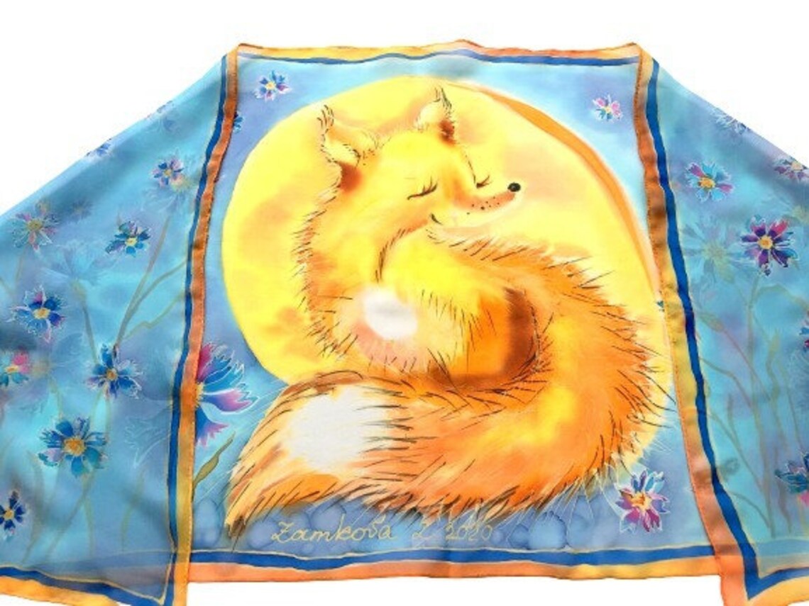Hand Painted Silk Scarf Fox and Cornflowers Natural Chiffon - Etsy