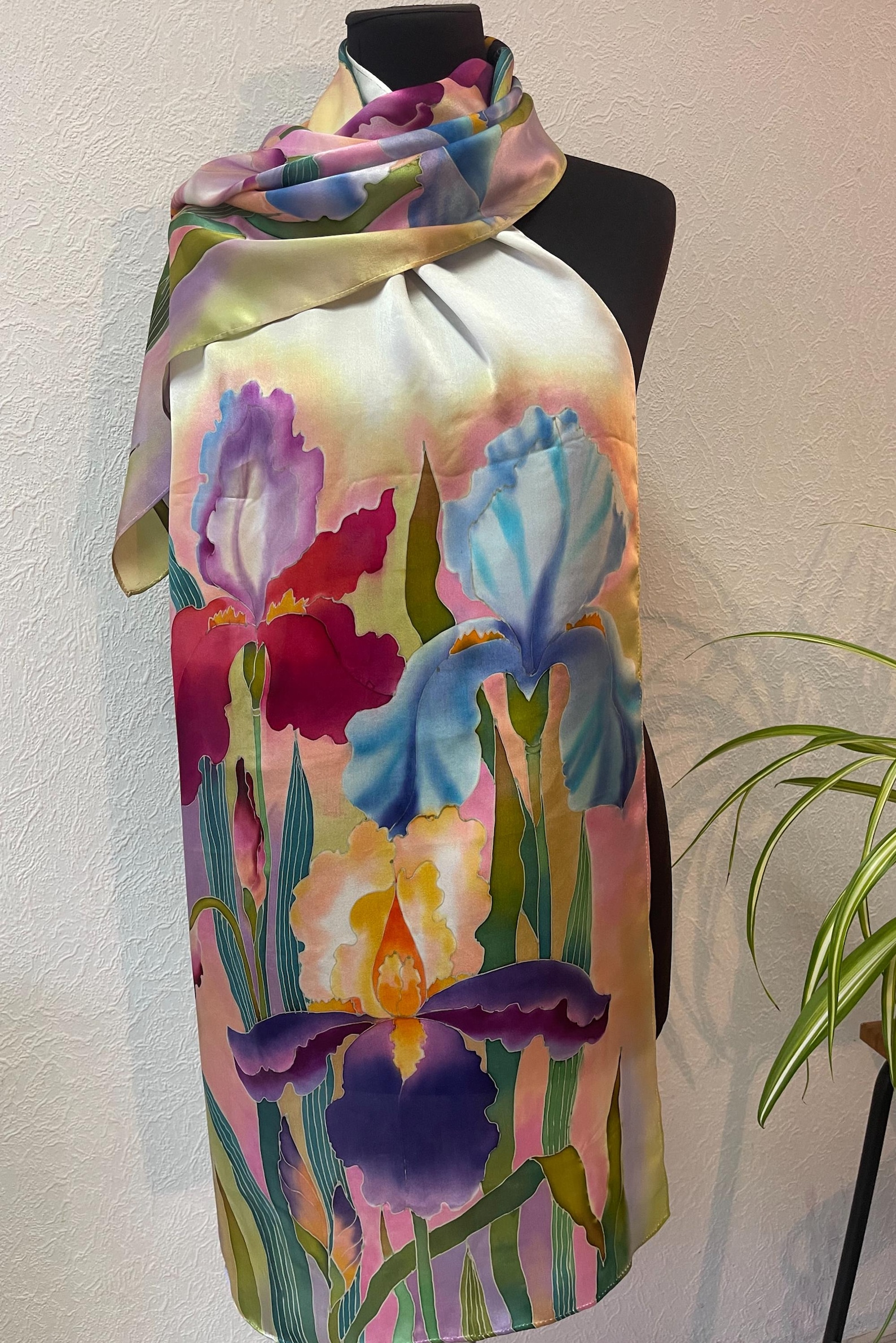 Iris Batik Silk Satin Scarf, Hand Painted Silk, Gift Women, 71/17. - Etsy