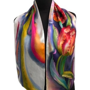 Silk Satin Scarf Batik Tulips, Hand-painted Silk, Gift for Her and Mom ...