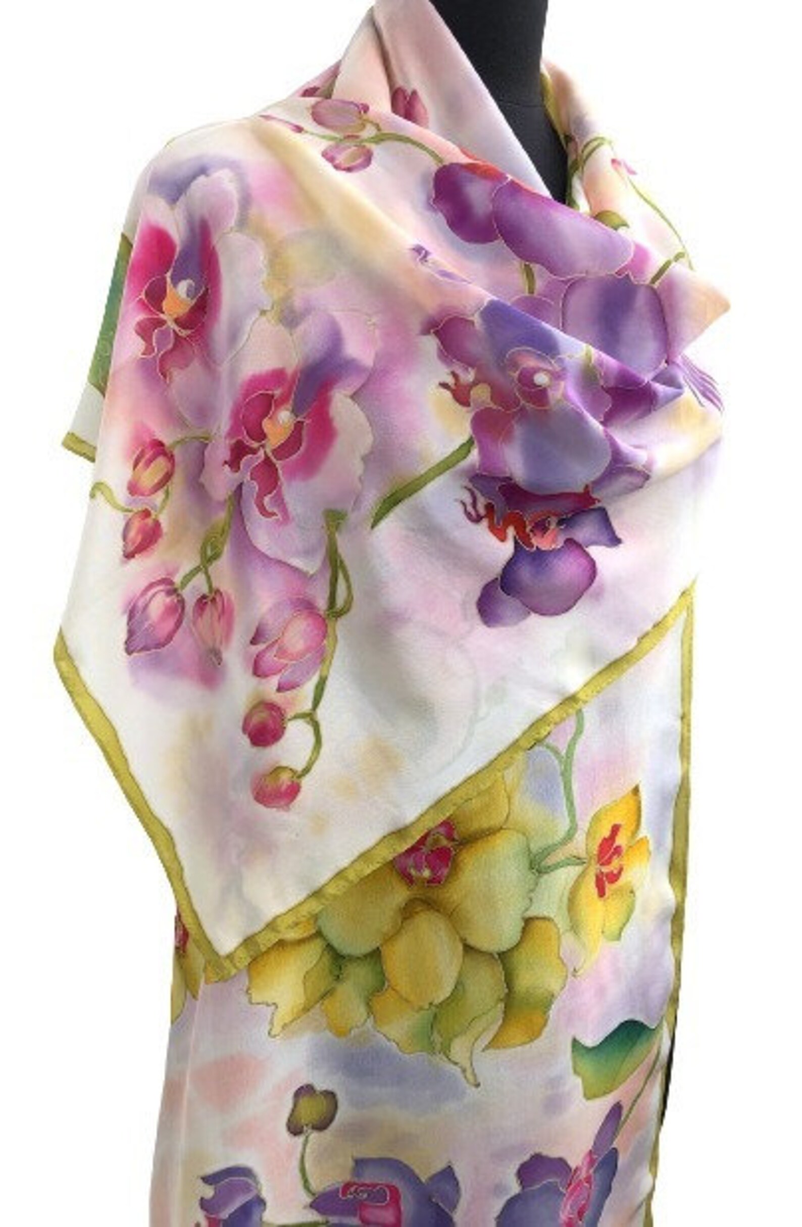Orchids Natural Silk Scarf, Hand Painted Silk, Floral Designer Scarf ...