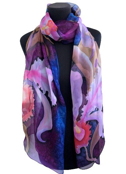 Hand Painted Large Chiffon Scarf Orchids Lightweight Silk Scarf Wedding ...
