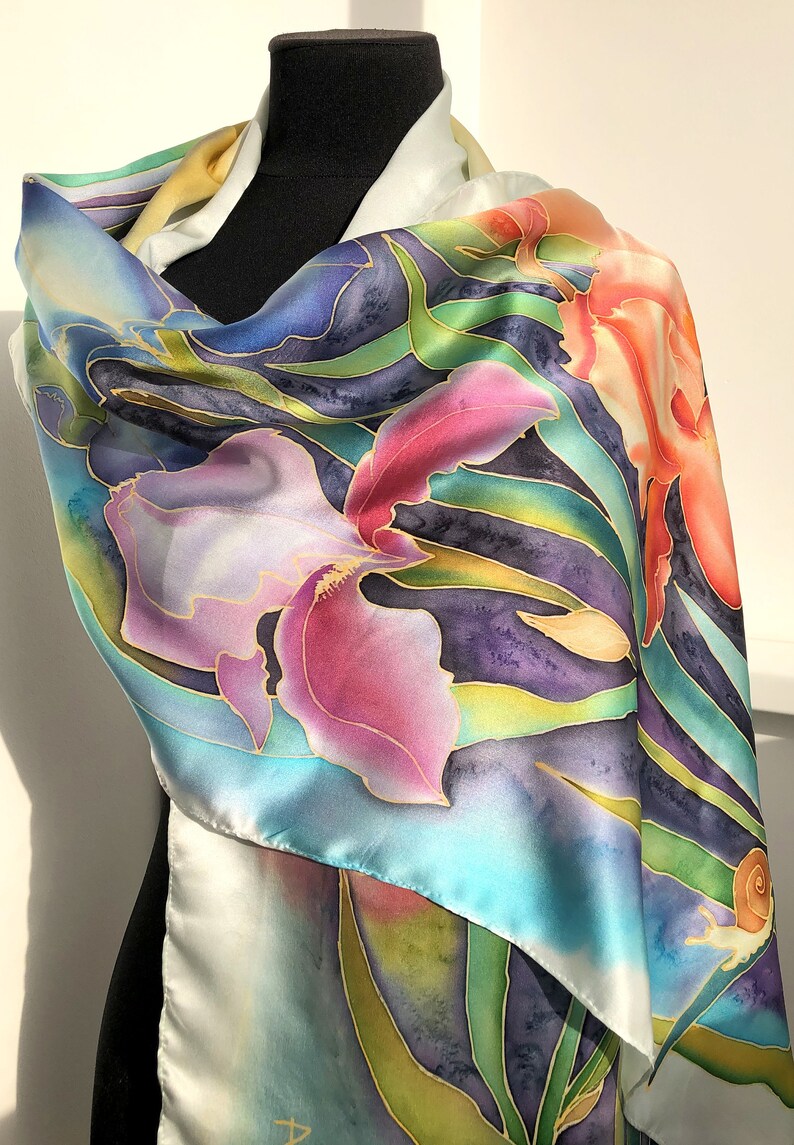Iris Batik Silk Satin Scarf Hand Painted Silk Gift Women - Etsy
