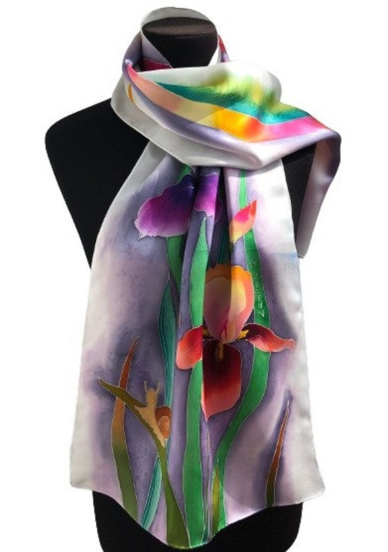 Iris Batik Silk Satin Scarf, Hand Painted Silk, Gift Women, Wedding ...