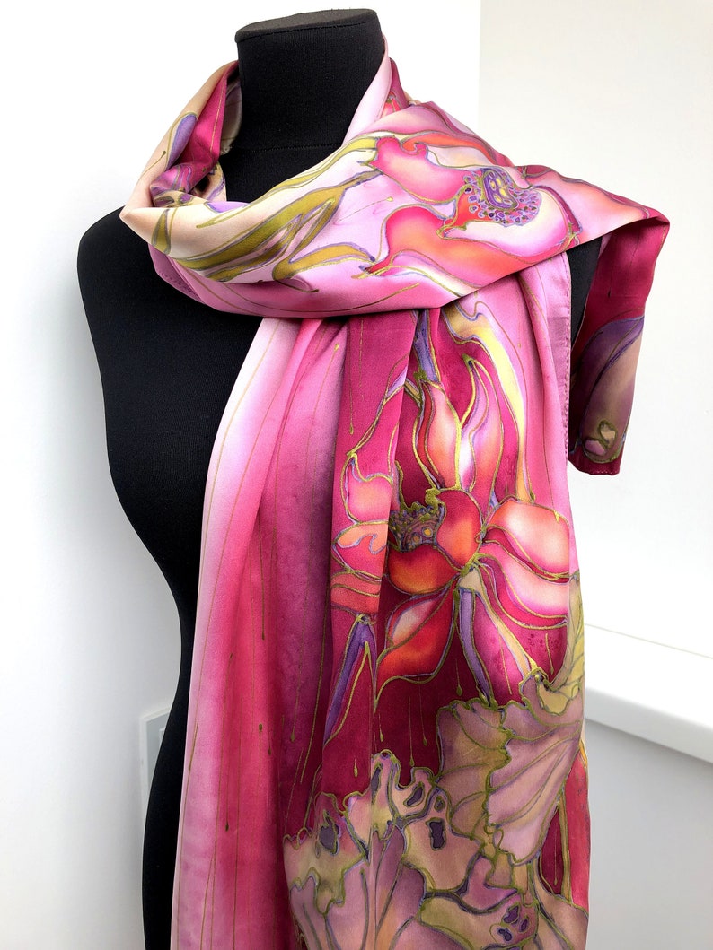 Silk Scarf Lotus Hand Painted Burgundy and Ocher Silk Scarf - Etsy