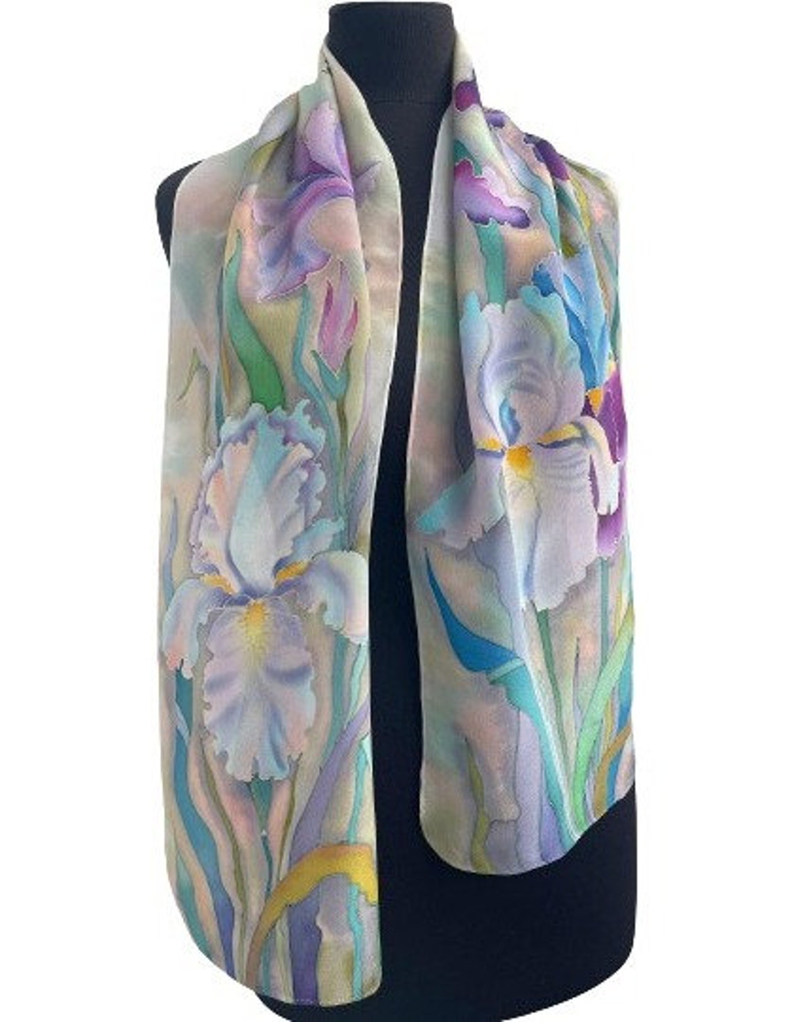 Hand Painted Natural Silk Scarf Irises Crepe De Chine Gift Ideas for ...