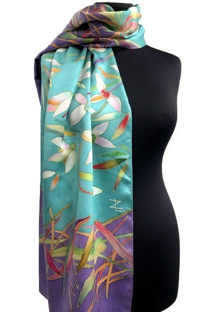 Hand Painted Satin Silk Scarf Snowdrops Gift Women. - Etsy