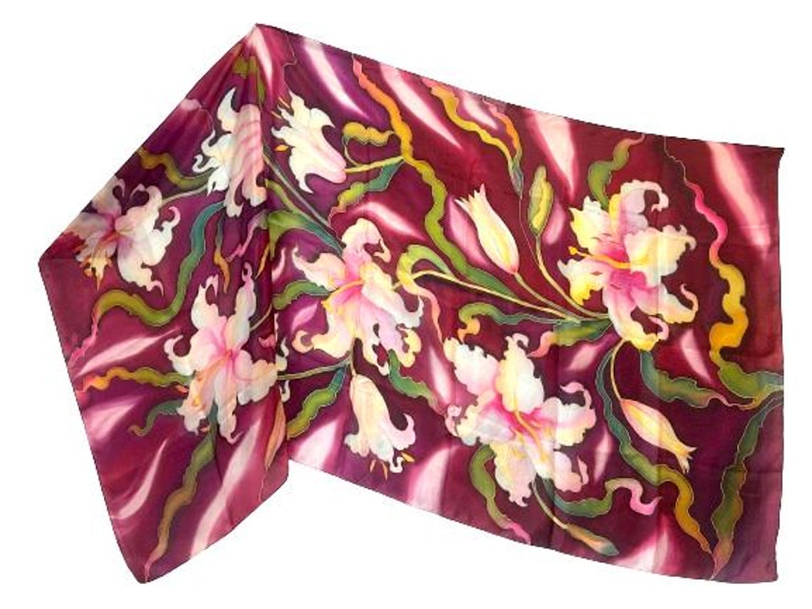 Hand Painted Large Silk Shawl White Lilies, Natural Motiv Silk Scarf ...