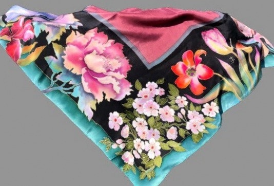 Hand Painted Silk Shawl Spring Flowers Floral Designer Scarf Luxury ...