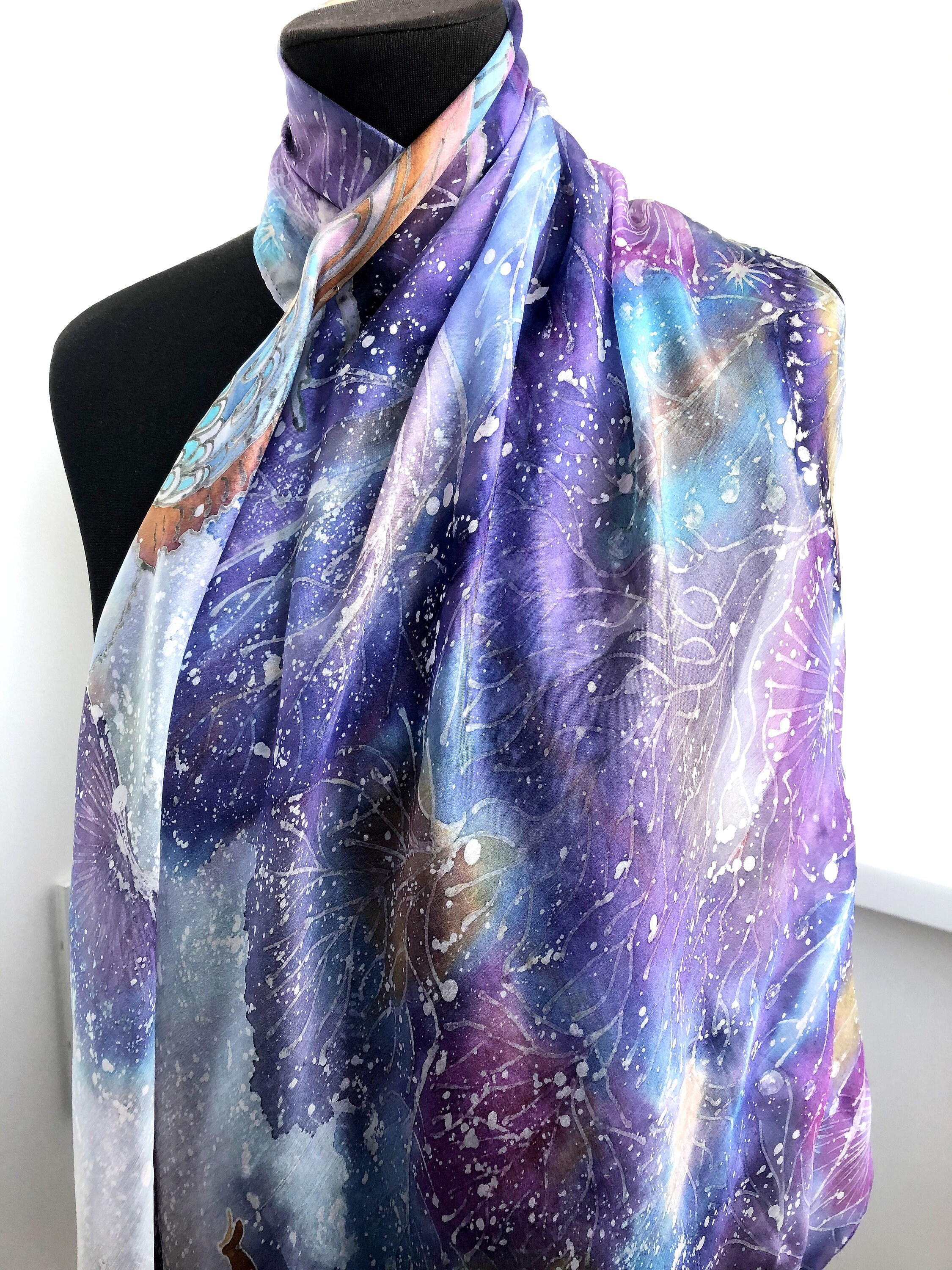 Hand Painted Silk, Square Silk Scarf, Forest, Owl, Hare, Ladies Scarf ...
