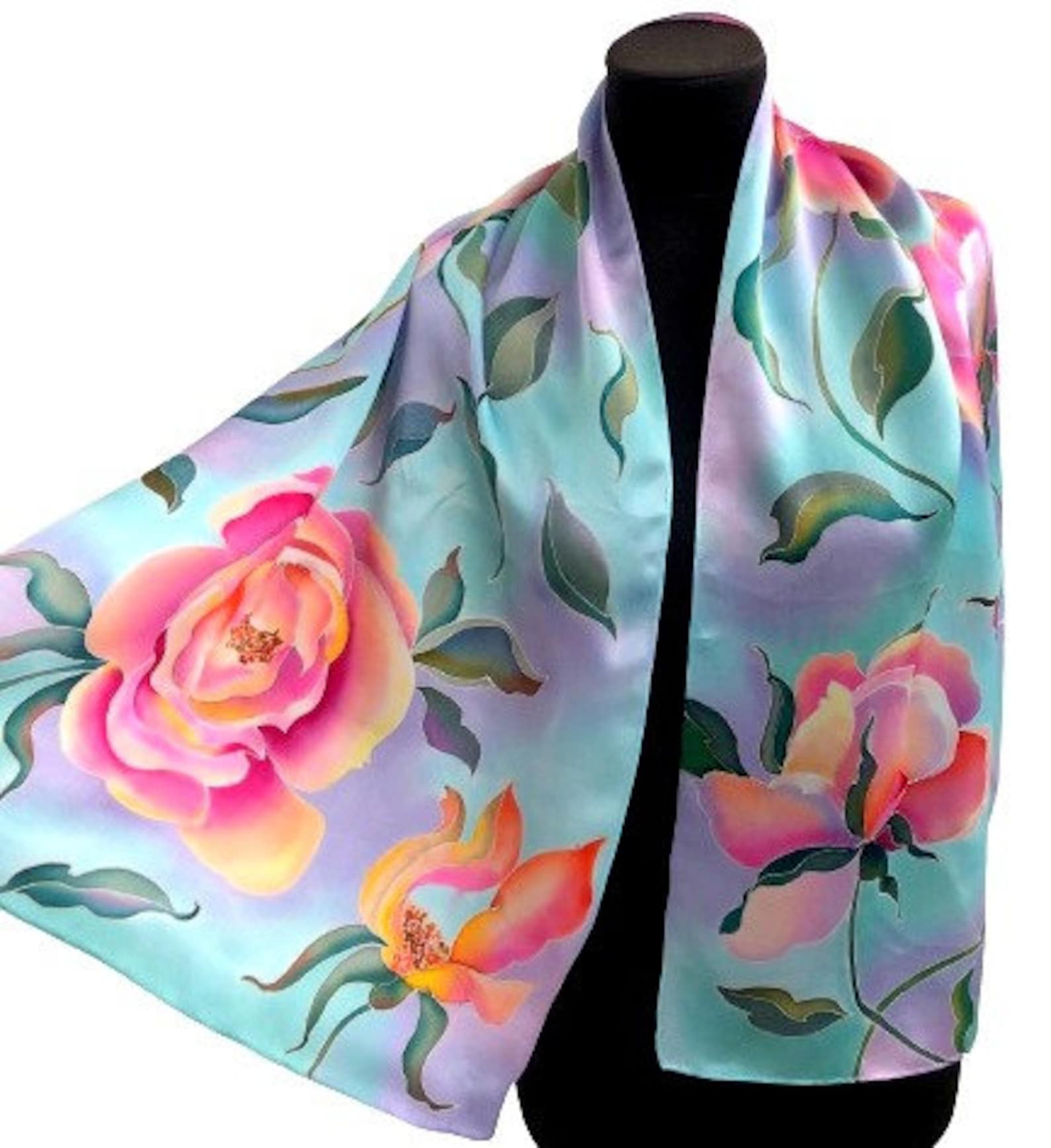 Hand-painted Silk Scarf art Nouveau Roses, Natural Satin, Gift Women ...