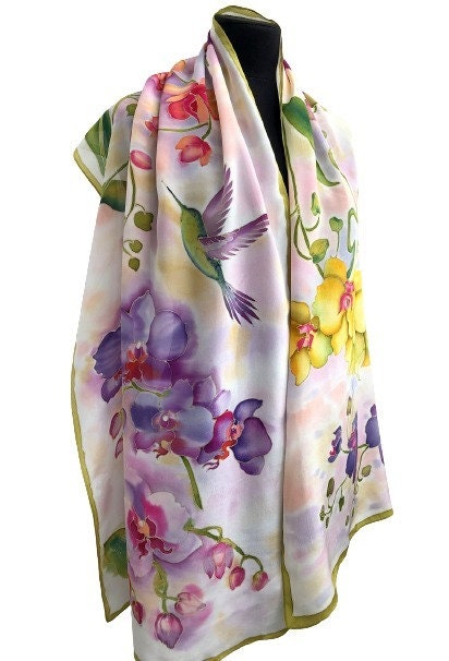 Orchids Natural Silk Scarf, Hand Painted Silk, Floral Designer Scarf ...