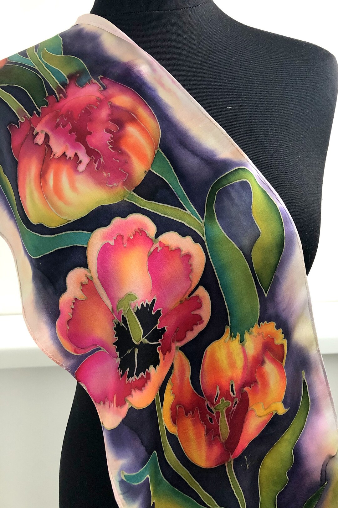 Silk Satin Scarf Batik Tulips Hand-painted Silk Gift for - Etsy