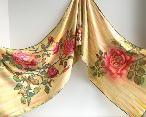 Silk Scarf Scarlet Roses Satin Silk/ Hand Painted Silk Scarf/ - Etsy