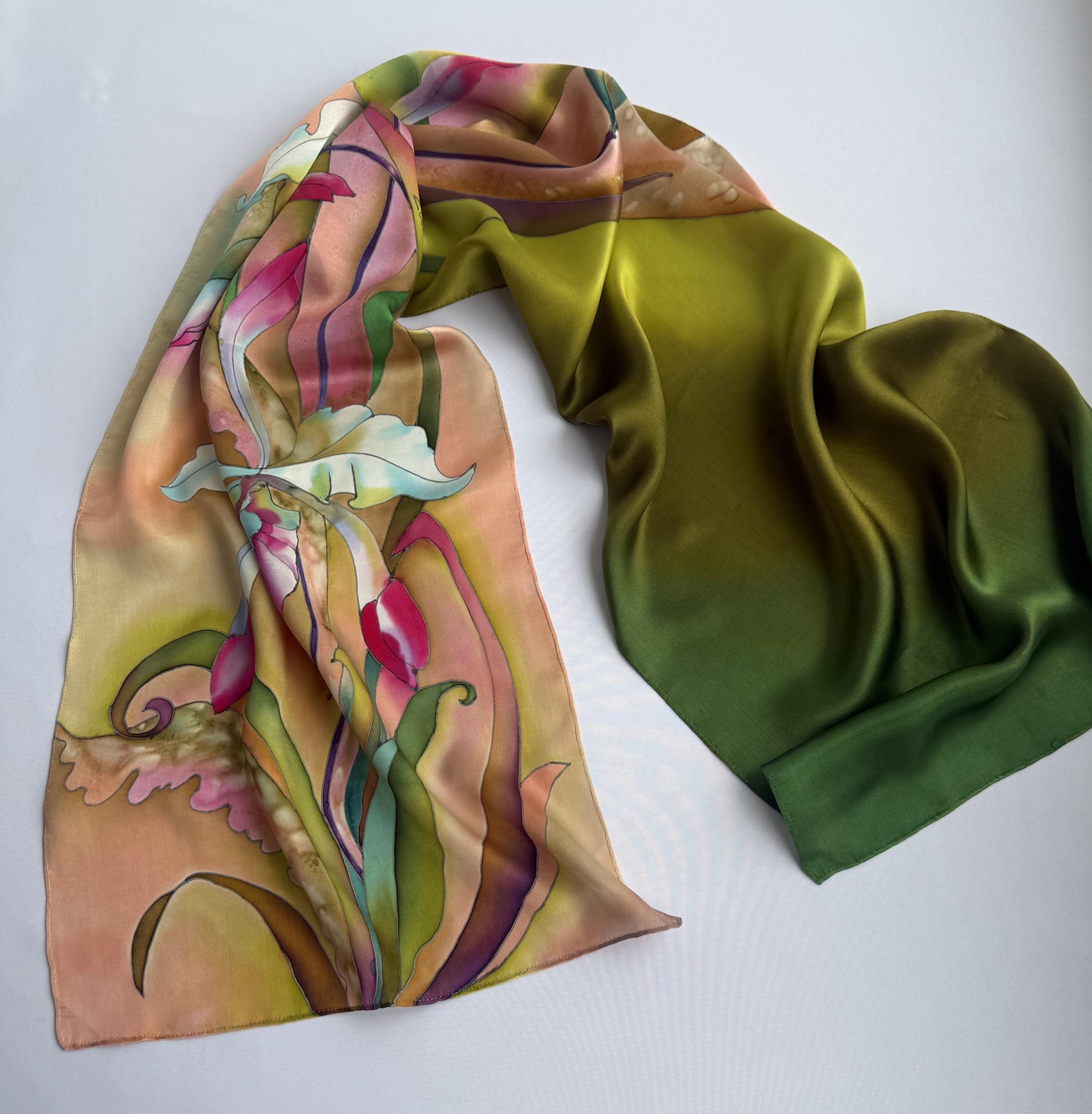 Hand Painted Silk Scarf Orchids on a Green Gift for Anniversary ...