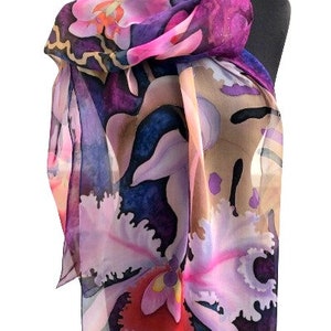 Hand Painted Large Chiffon Scarf Orchids Lightweight Silk Scarf Wedding ...