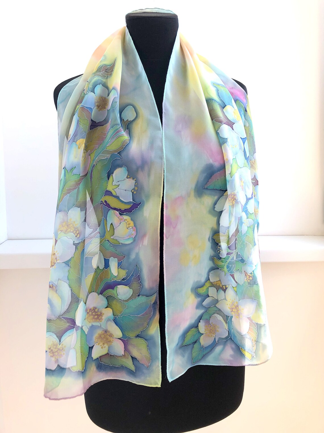 Silk scarf jasmine flowers natural motif silk scarf | Etsy