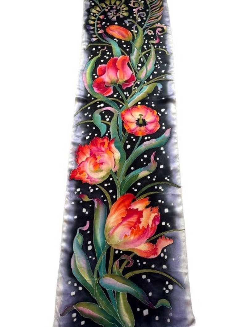 Red Tulips Hand Painted Silk Scarf, Gift for Women, Long Batik Scarf 71 ...