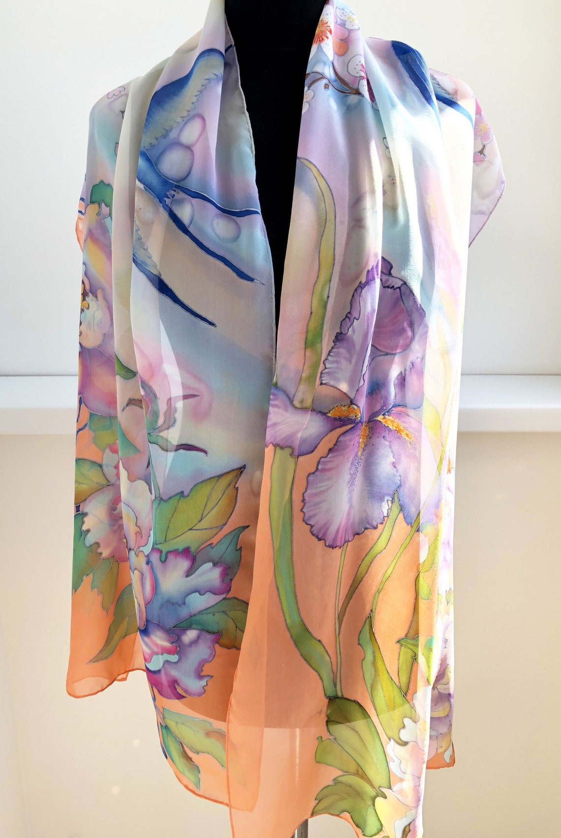 Large silk scarf Flying swallows hand-painted silk scarf | Etsy