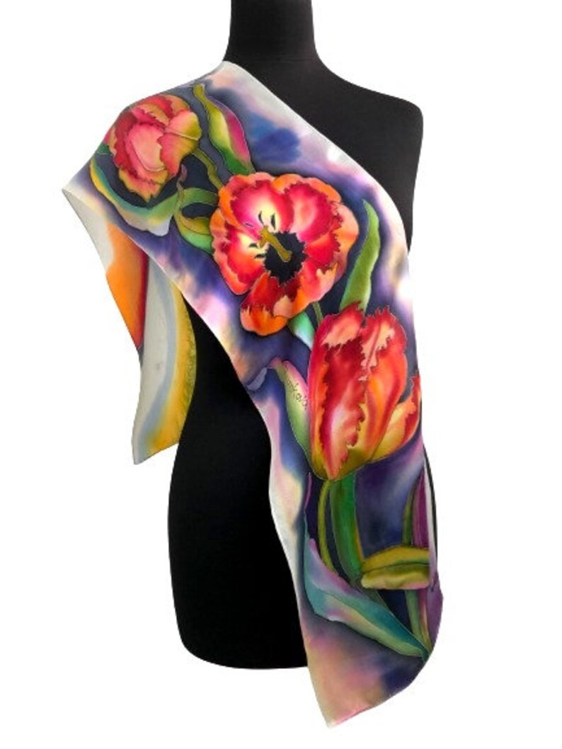 Silk Satin Scarf Batik Tulips, Hand-painted Silk, Gift for Her and Mom, Designer Scarf, Birthday ...