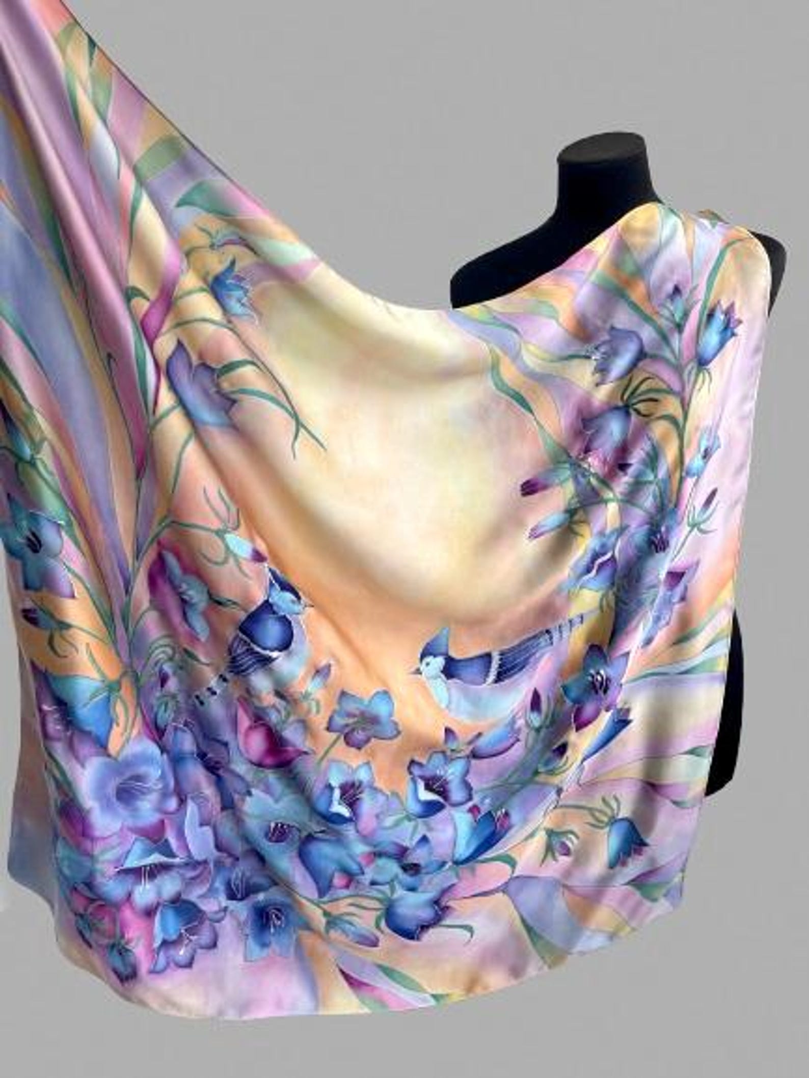 Bells Silk Scarf Handpainted Natural Silk Satin Gift for Her 36"/36 ...