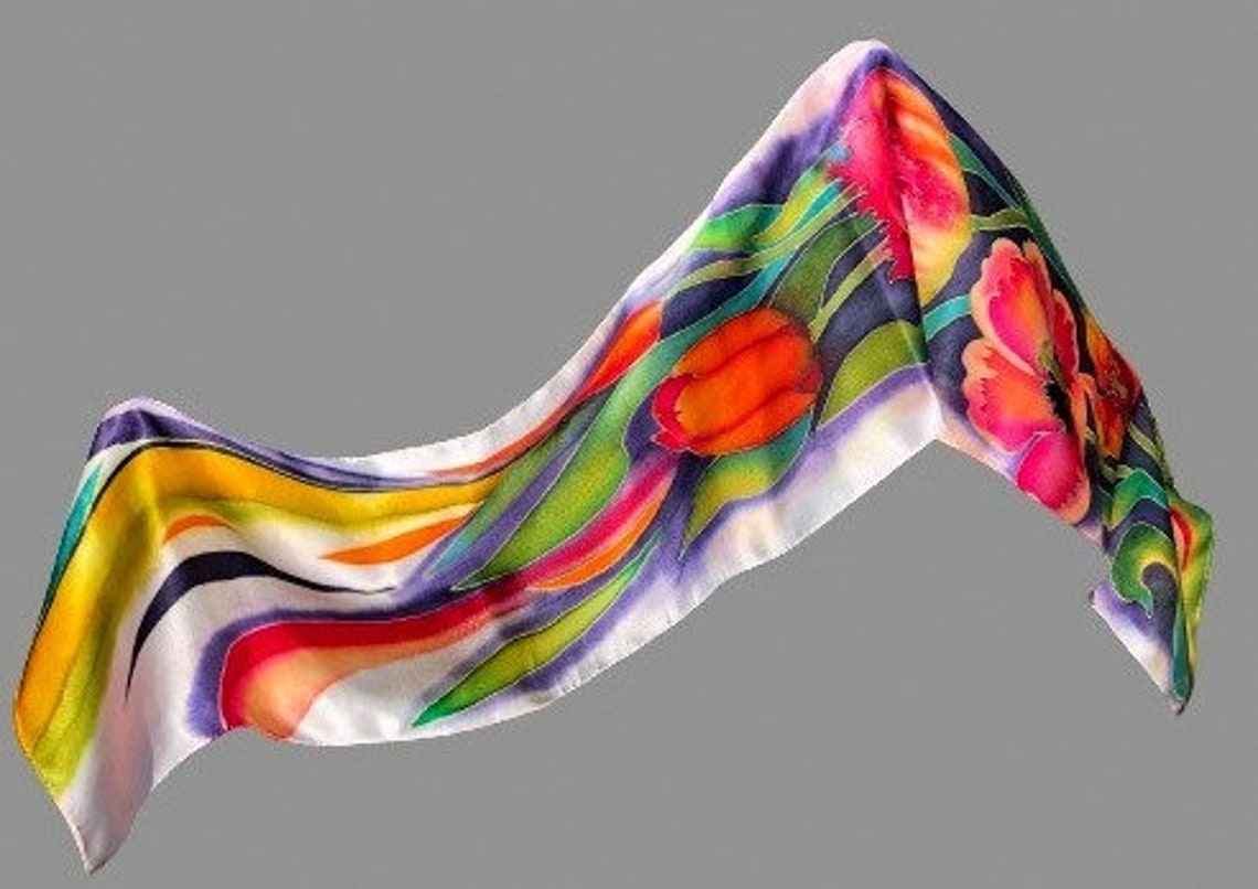 Silk Satin Scarf Batik Tulips Hand-painted Silk Gift for - Etsy