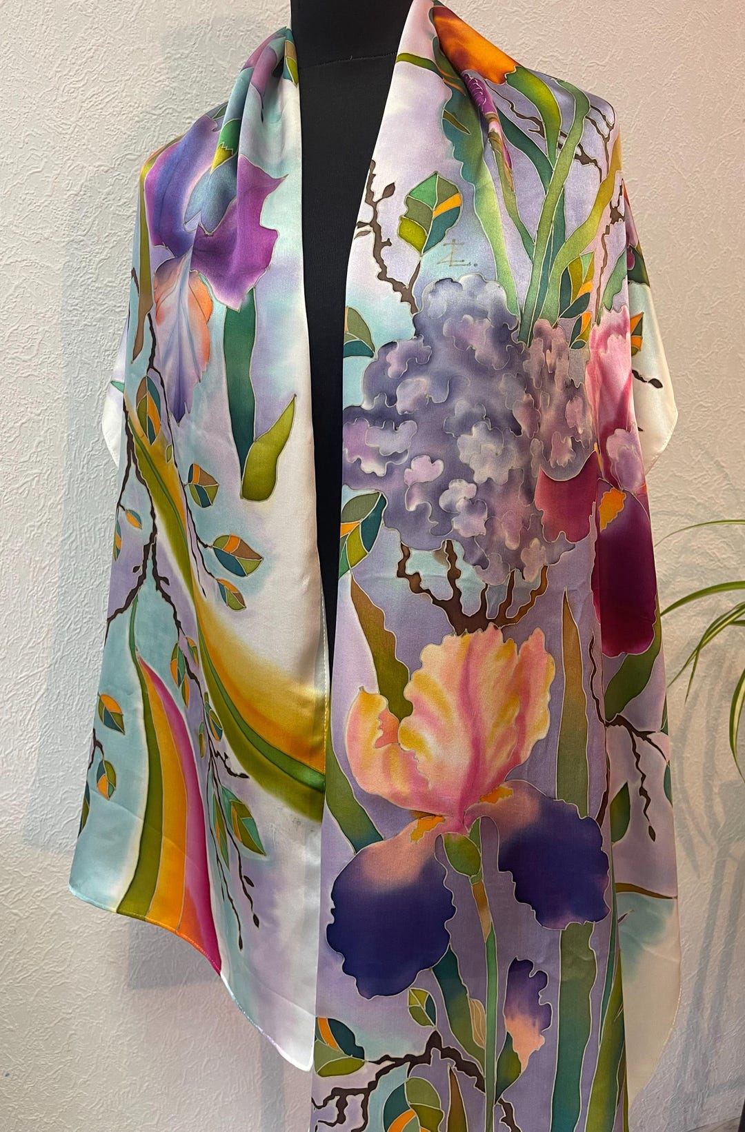 Iris Batik Silk Satin Scarf, Hand Painted Silk, Gift Ideas for Women ...