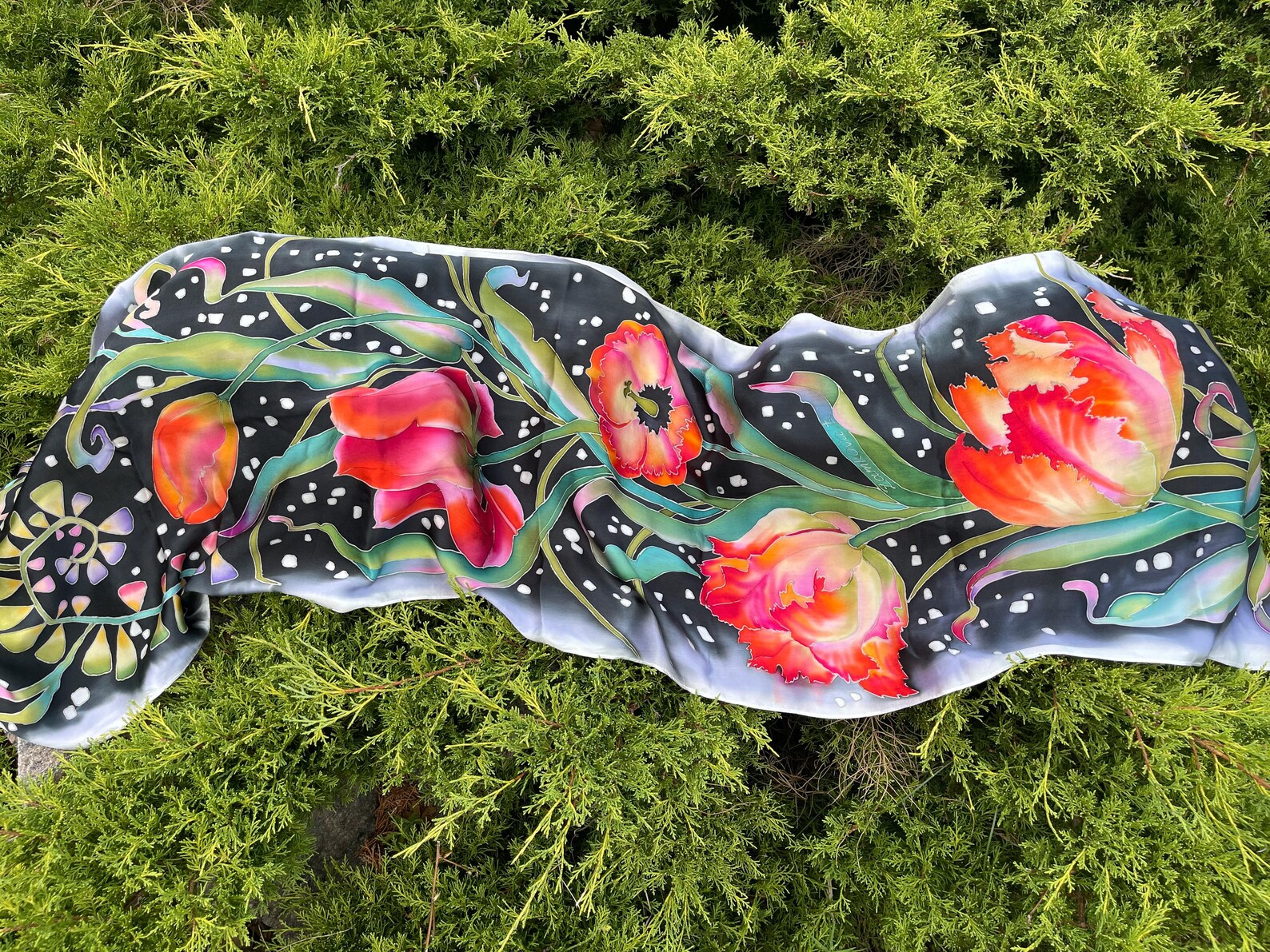 Red Tulips Hand Painted Silk Scarf, Gift for Women, Long Batik Scarf ...
